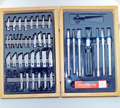 HOBBY KNIFE SET w/ Wood Case 7 Holders Sharpening Stone exacto knives ...