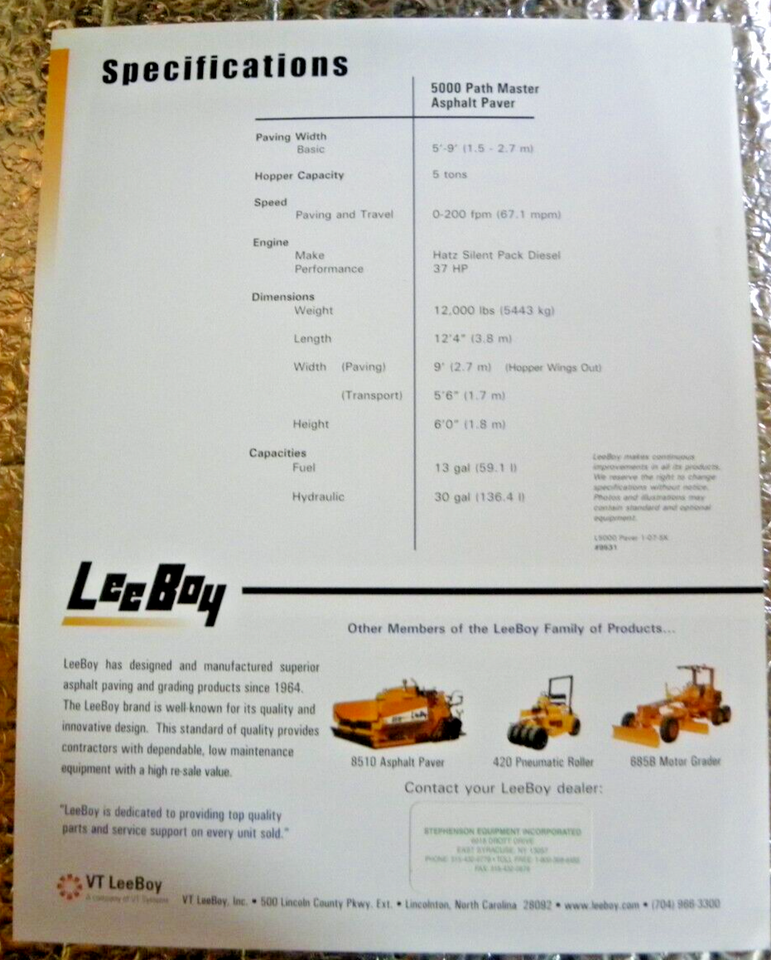 Factory OEM Dealership Spec Brochure LeeBoy 5000 Paver 1-07 Asphalt ...