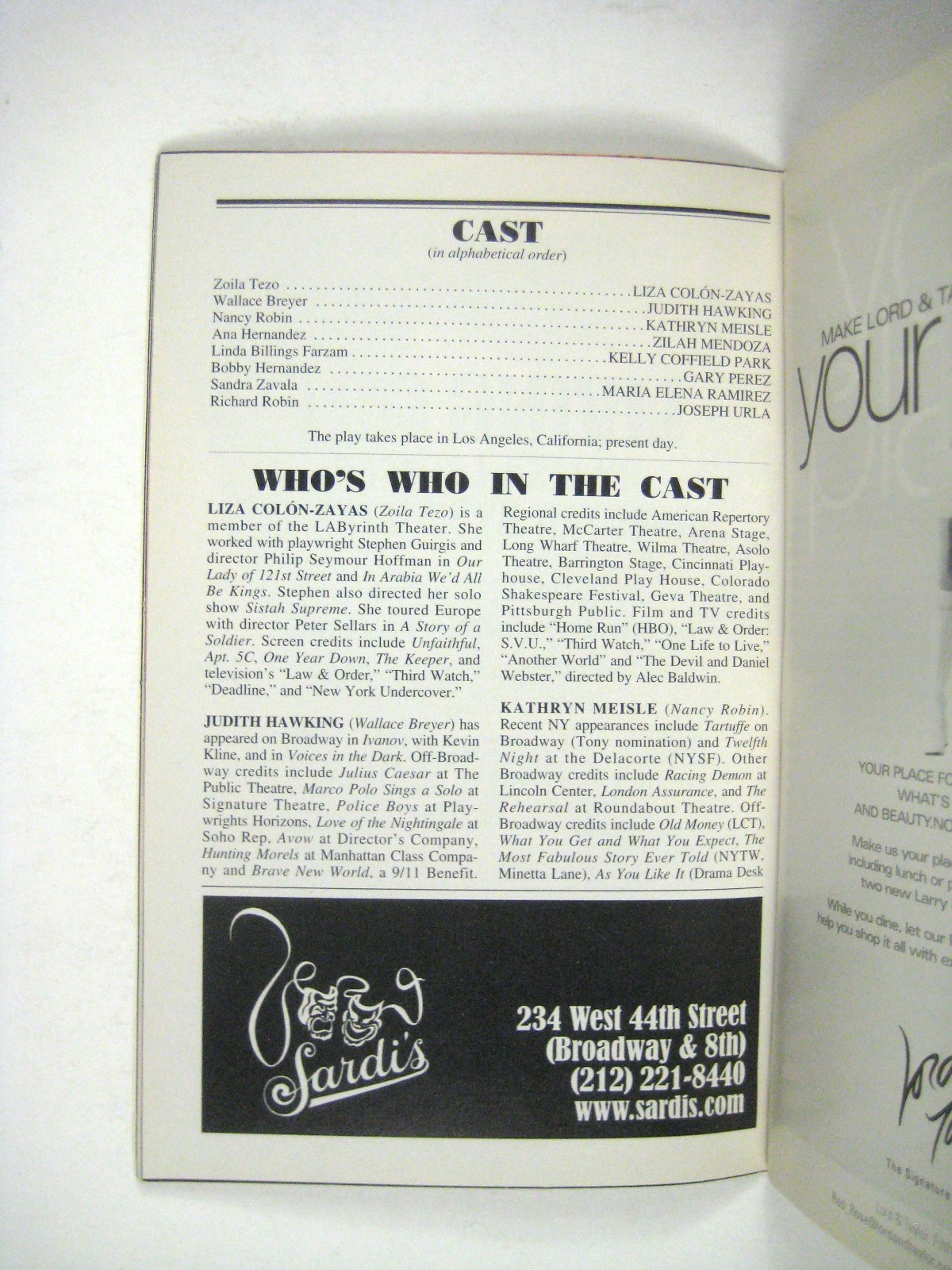 Living Out Playbill 2003 Second Stage Theatre Lisa Colon Zayes Judith ...