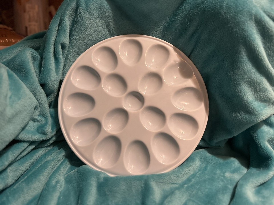 Large Round Light Blue Ceramic Deviled Egg Dish Holds 24pcs 14.5" | eBay