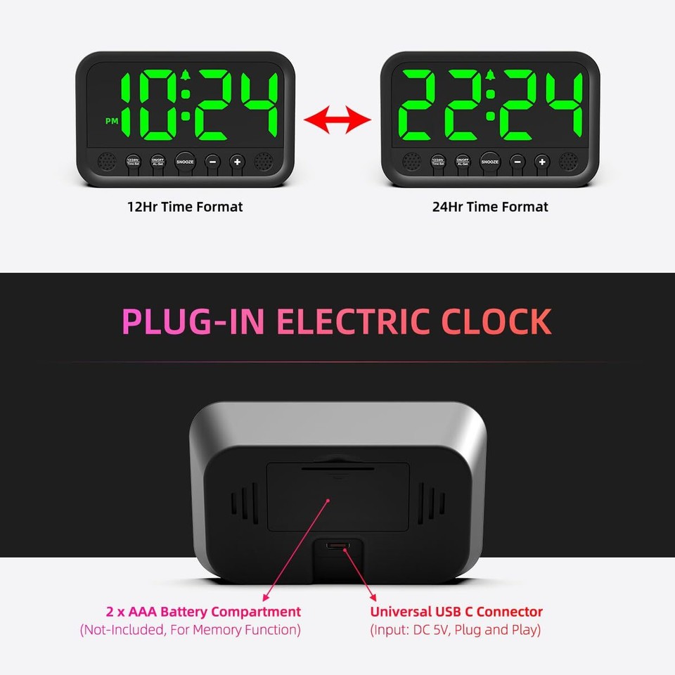Small LED Digital Clock for Bedroom Loud Alarm Clock for Heavy Sleepers ...