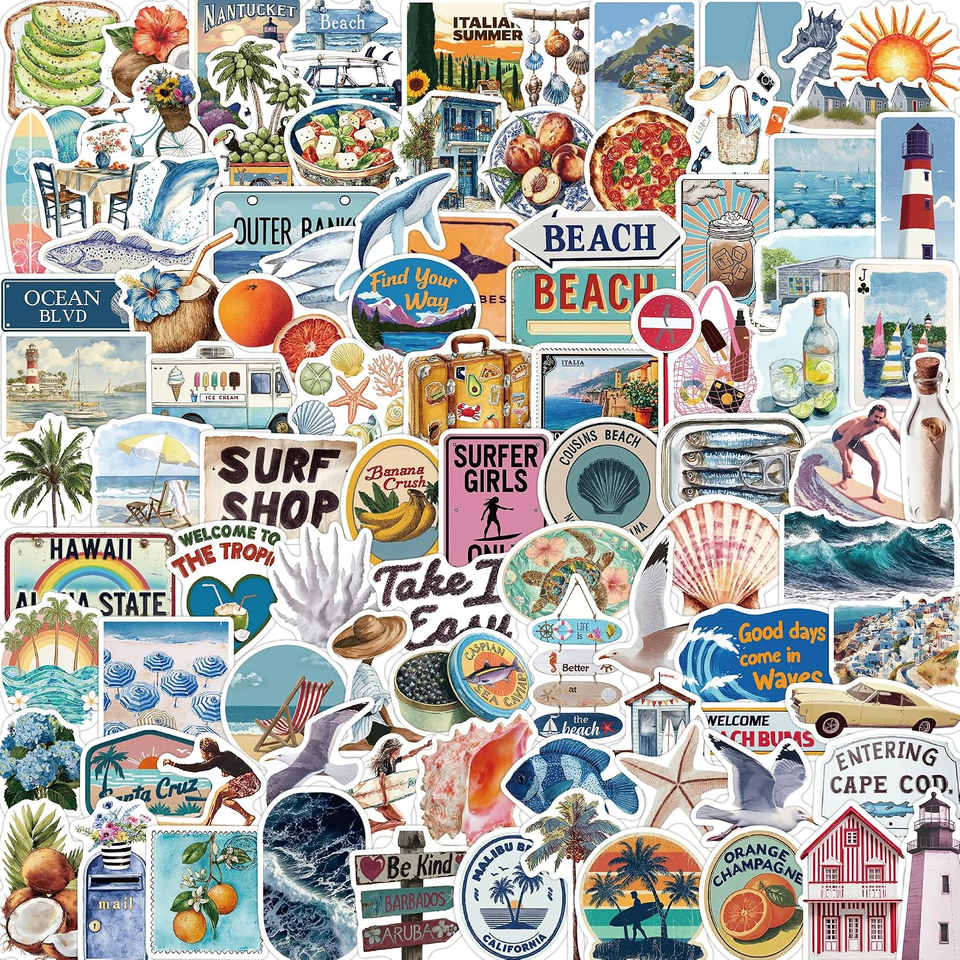 100 Pcs Beach Stickers for Scrapbooking, Waterproof Vinyl Coastal Ocean ...