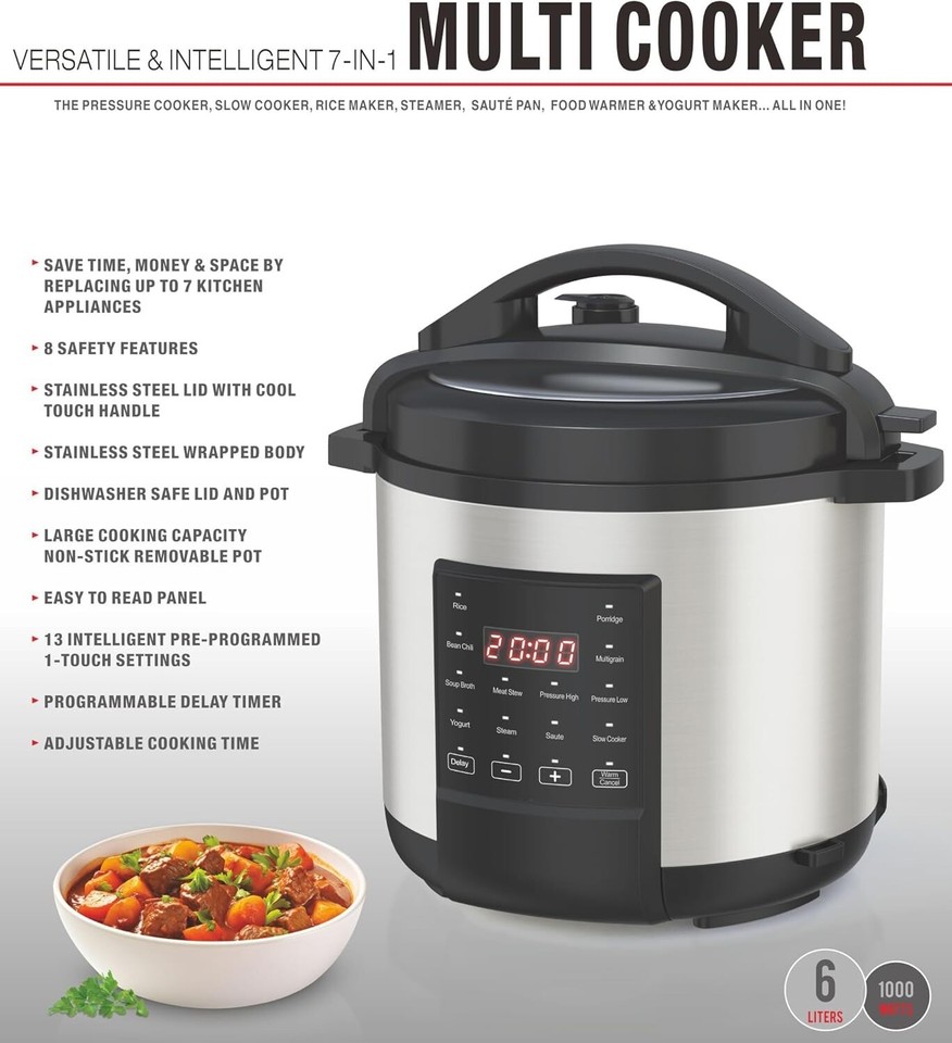 7-in-1 Multi Cooker, 6-Liter, 1000W Stainless Steel Programmable ...