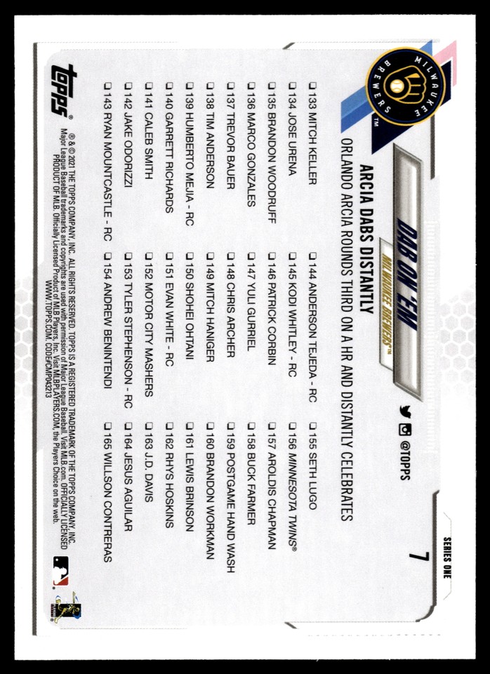 2021 Topps #7 Orlando Arcia / Ed Sedar Milwaukee Brewers | eBay