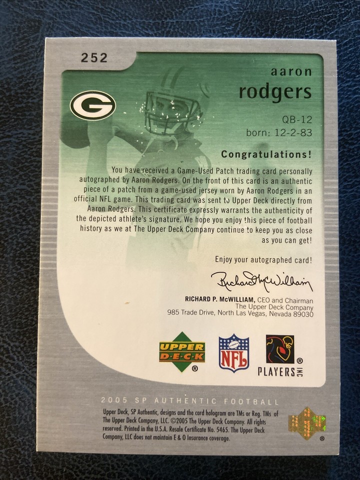 AARON RODGERS 2005 SP Authentic #252 AUTO PATCH RC #’D 1 OF 99 GREEN ...