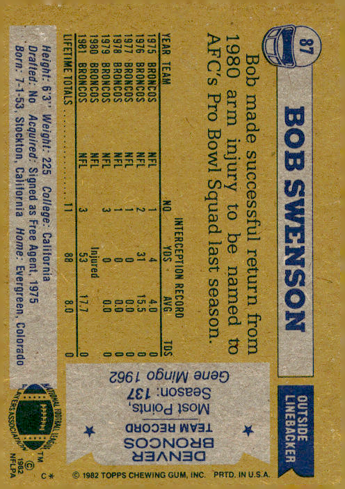 1982 Topps - #87 Bob Swenson (RC) Broncos | eBay