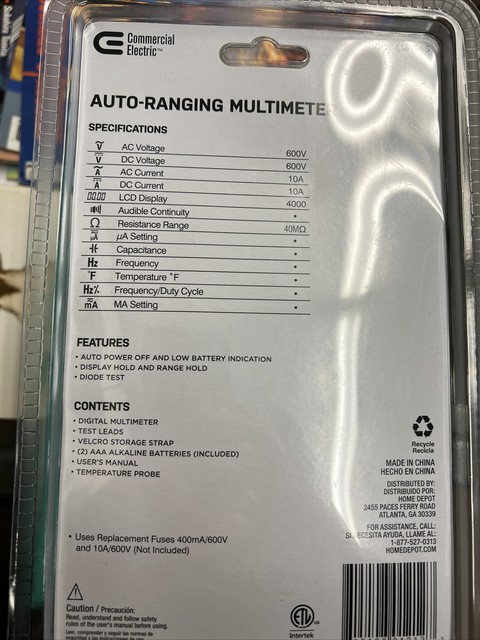 Commercial Electric Auto Ranging Digital Multimeter Model MS8301B for ...