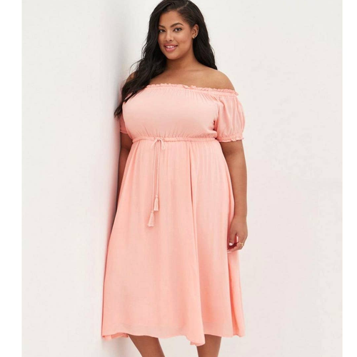 Torrid 6 (6X 30) Peach Midi Challis Off Shoulder Babydoll Peasant Dress ...
