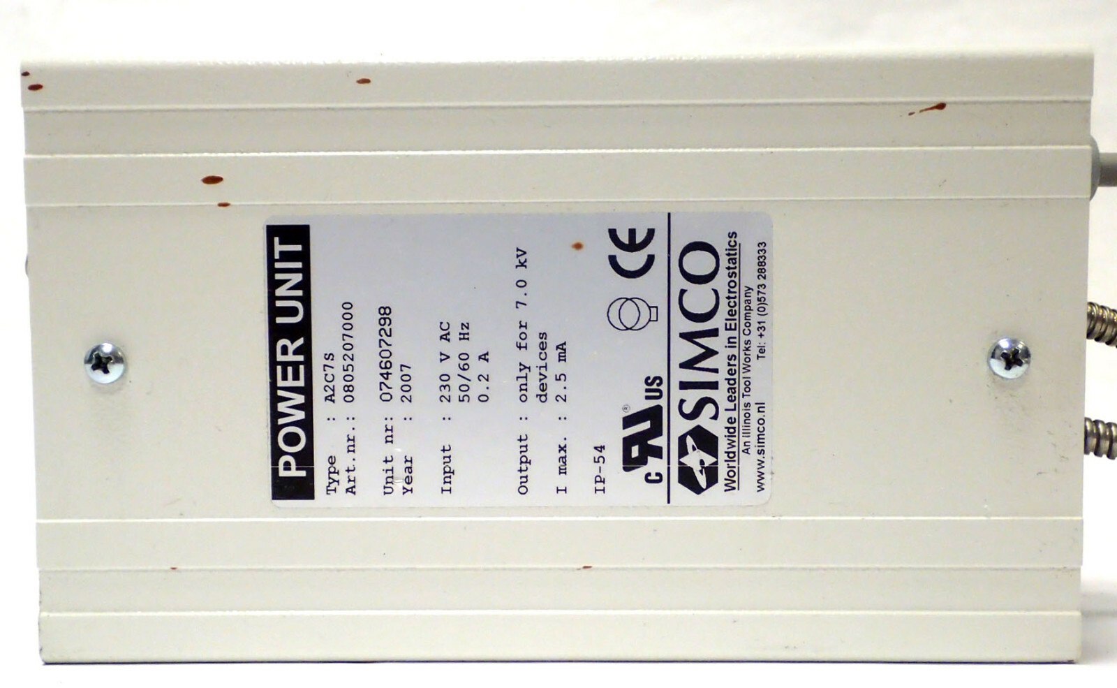 SIMCO A2C7S POWER UNIT IN: 230V AC 0.2A OUT: 7.0 kV I MAX. 2.5 mA ...