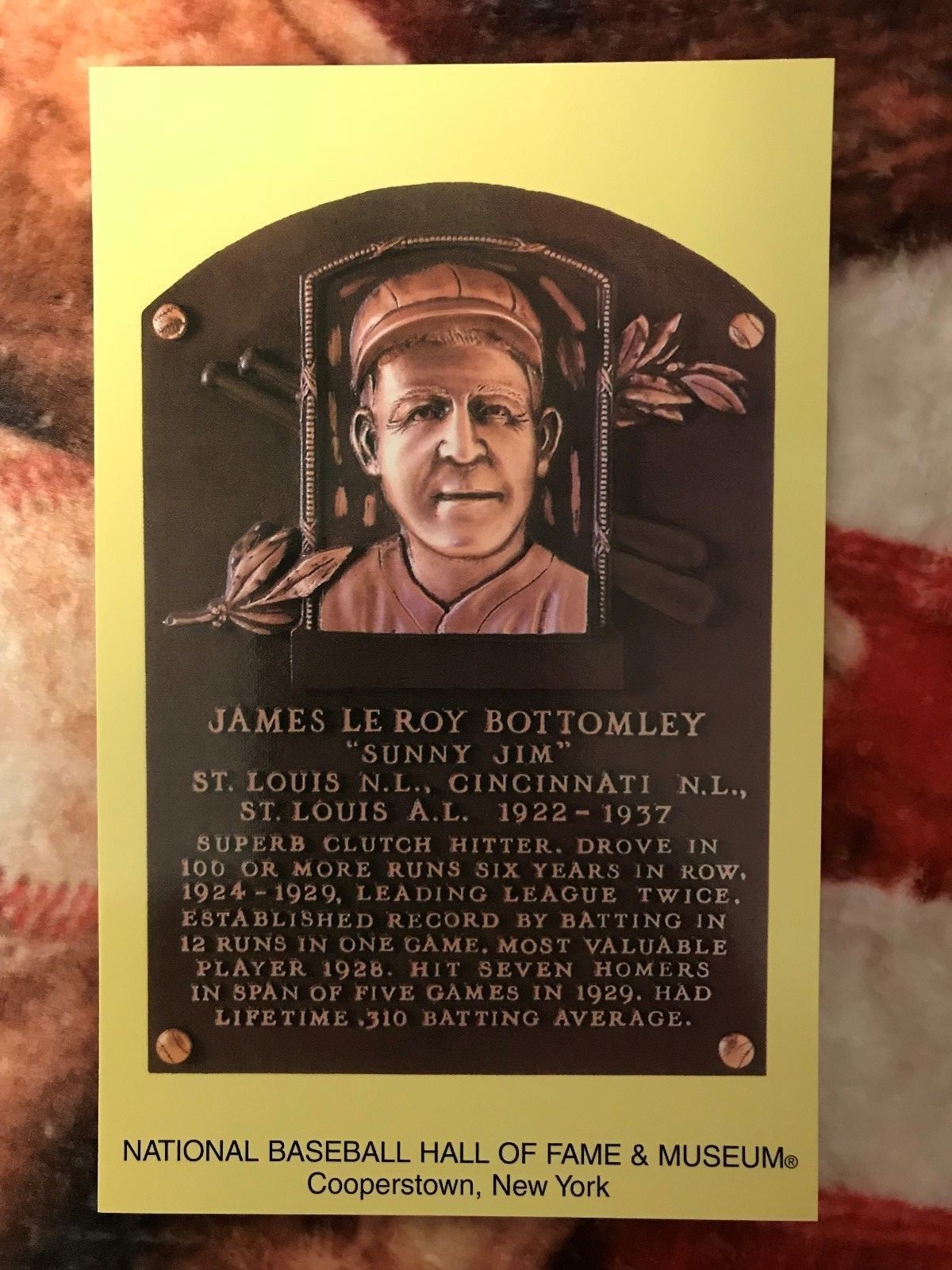 JIM BOTTOMLEY POSTCARD - BASEBALL HALL OF FAME INDUCTION PLAQUE ...