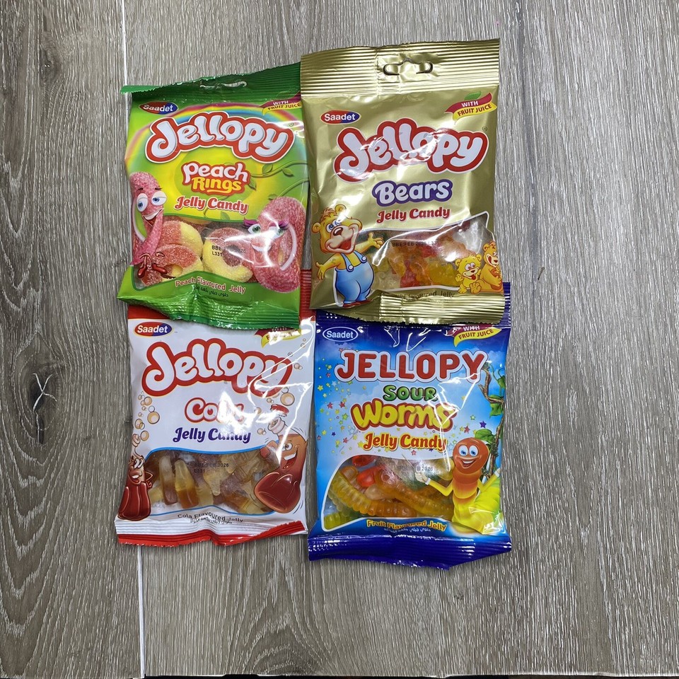 4 Jellopy Halal Fruity Gummies Gummy Bear Peach Rings Cola Jelly Candy ...