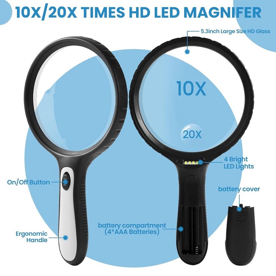 2X(Magnifying Glass with Light,10x 20x Handheld Magnifying Glass with 4 ...