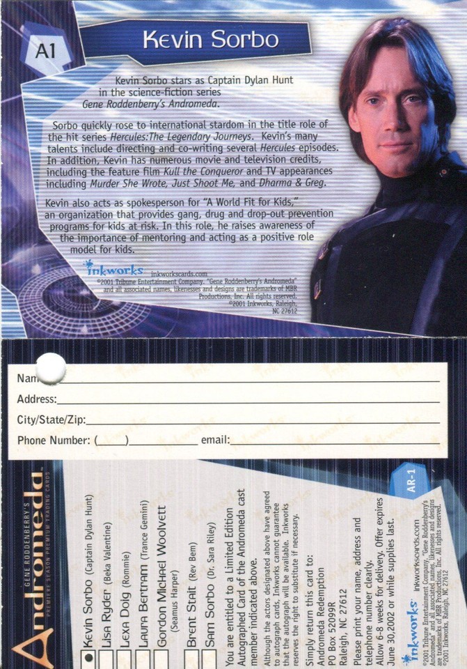 Andromeda Season 1 Kevin Sorbo Redemption Card and Autograph Card A1 | eBay
