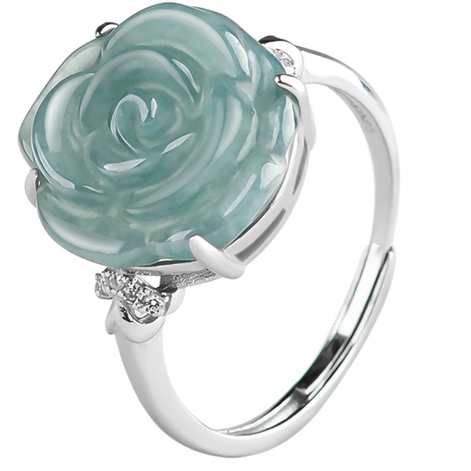 Real 925 Sterling Silver Band Natural A Grade Jade Jadeite Rose Flower ...