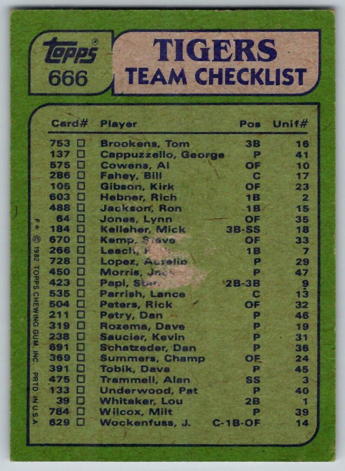 1982 TOPPS TIGERS TEAM LEADERS - STEVE KEMP/DAN PETRY DETROIT TIGERS ...