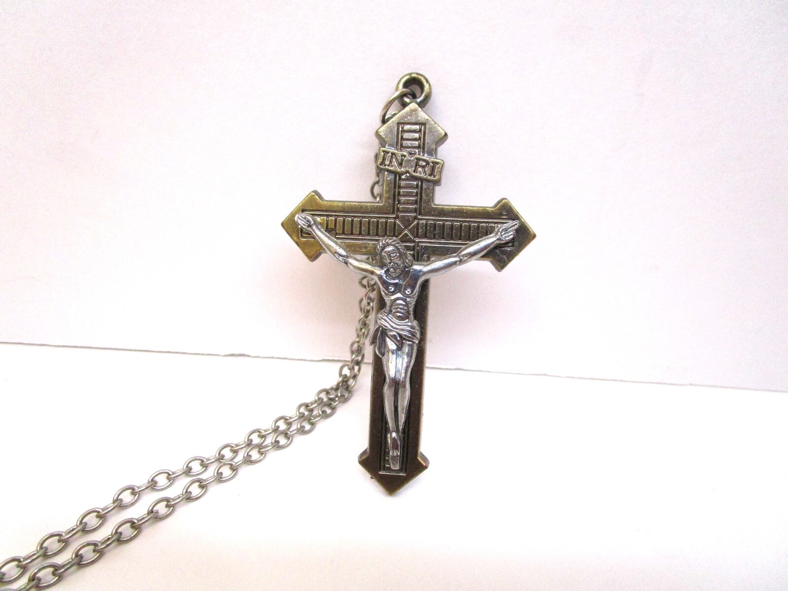 Vintage Italy INRI Crucifix Cross 80mm x 48mm 2tone Pendant Necklace 30 ...