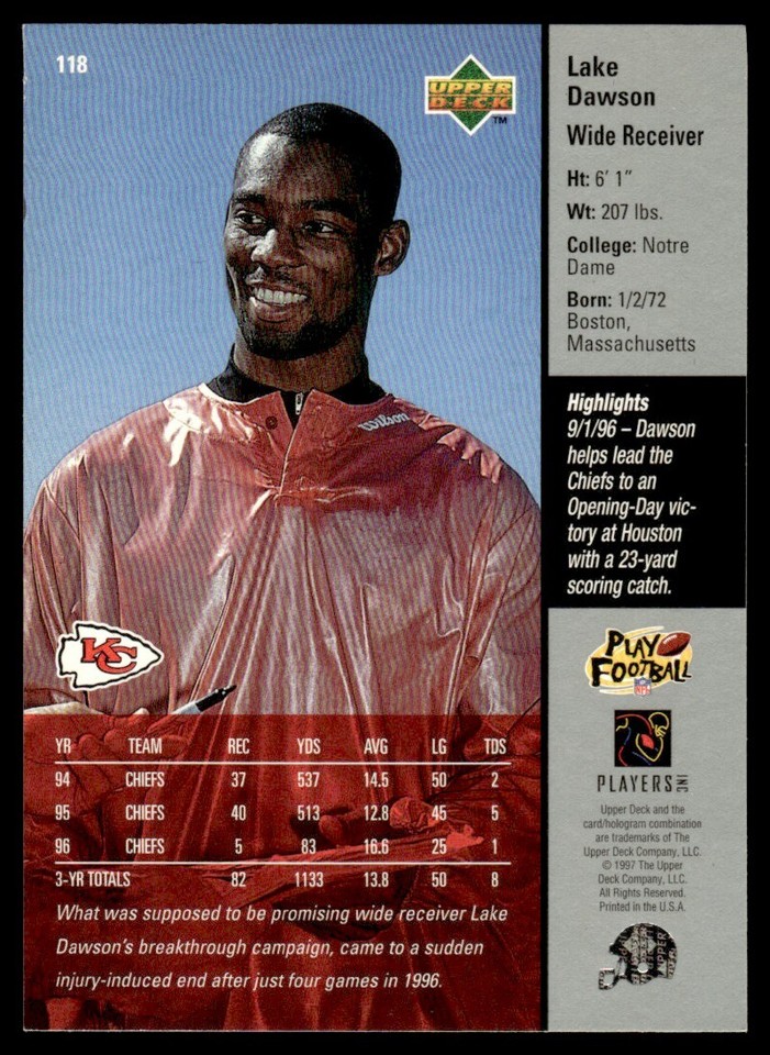 1997 Upper Deck Lake Dawson Kansas City Chiefs #118 20943 | eBay