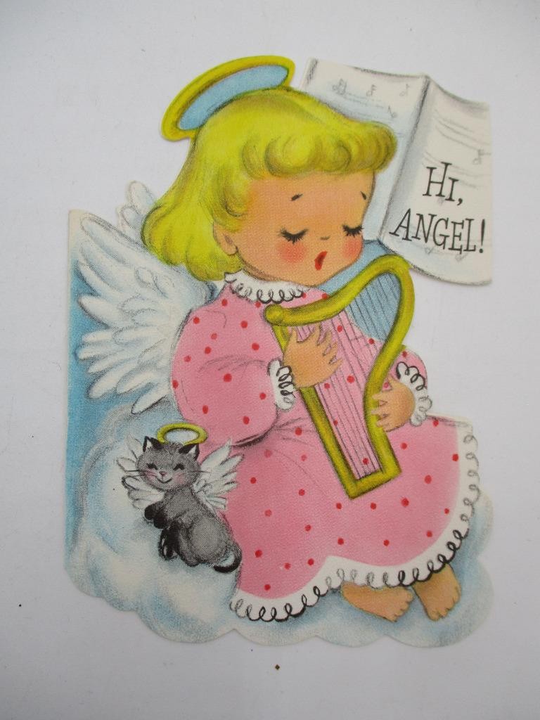 Vtg UNUSED 1950s Hallmark Merry Christmas Angel Cat Greeting Card Pink ...