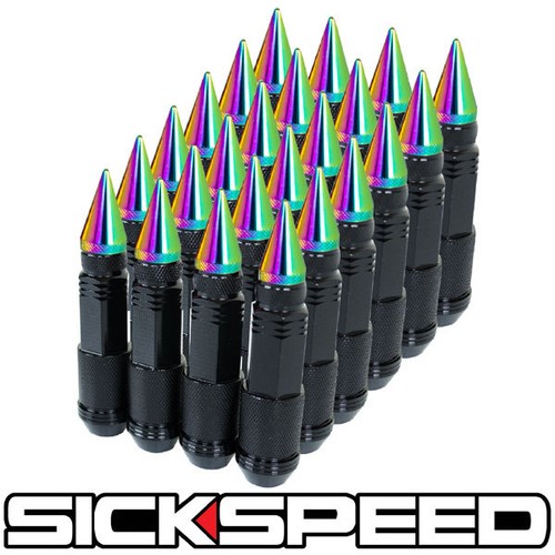 SICKSPEED 24 PC BLACK/NEO CHROME SPIKED STEEL EXTENDED 80MM LUG NUTS 1 ...