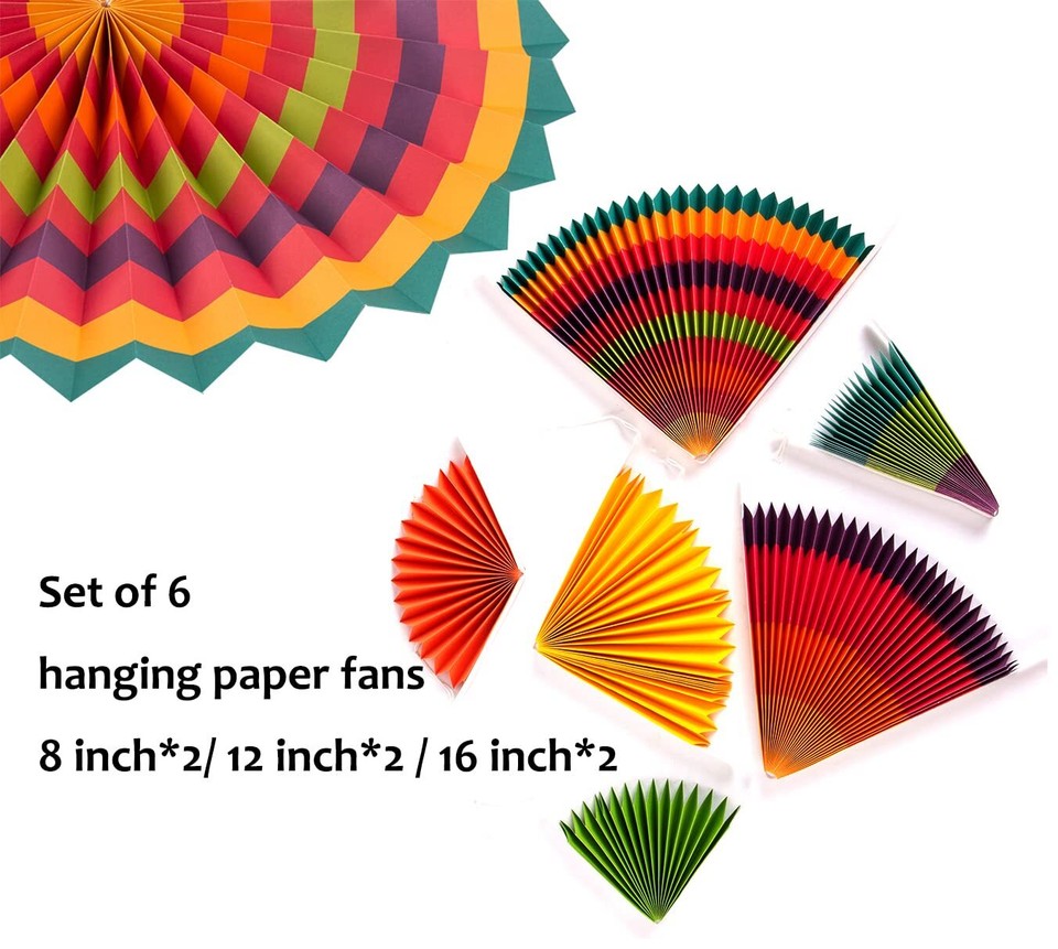 Pack of 6 Hanging Paper Fans Party Carnival Circus Round Pattern Paper ...