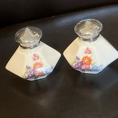 Pair Vtg Japan Transfer Floral Hexagon Ceramic Salt And Pepper Shakers ...