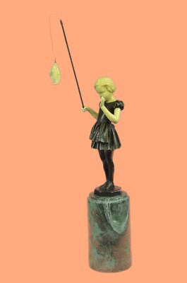 Little Girl Fishing Figurine Art Deco Bronze Sculpture Statue Home ...
