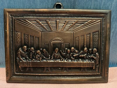 ANTIQUE BRONZE/BRASS HEAVY LAST SUPPER RELIGIOUS PLAQUE 6 1/8 x 4 3/8 ...