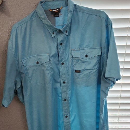 Ariat Rebar 2XL Aqua Blue Short Sleeve Button-Up Fishing Shirt Vented ...