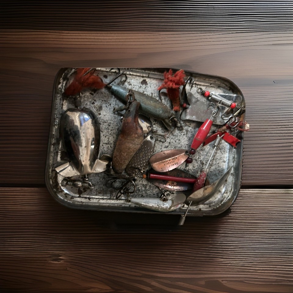 Old Tin with Fishing Lures | eBay UK