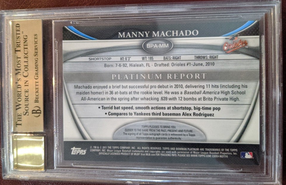 2011 BOWMAN PLATINUM RED REFRACTOR CARD AUTO MANNY MACHADO 01/10 BGS 9.5 GEM 💎 | eBay
