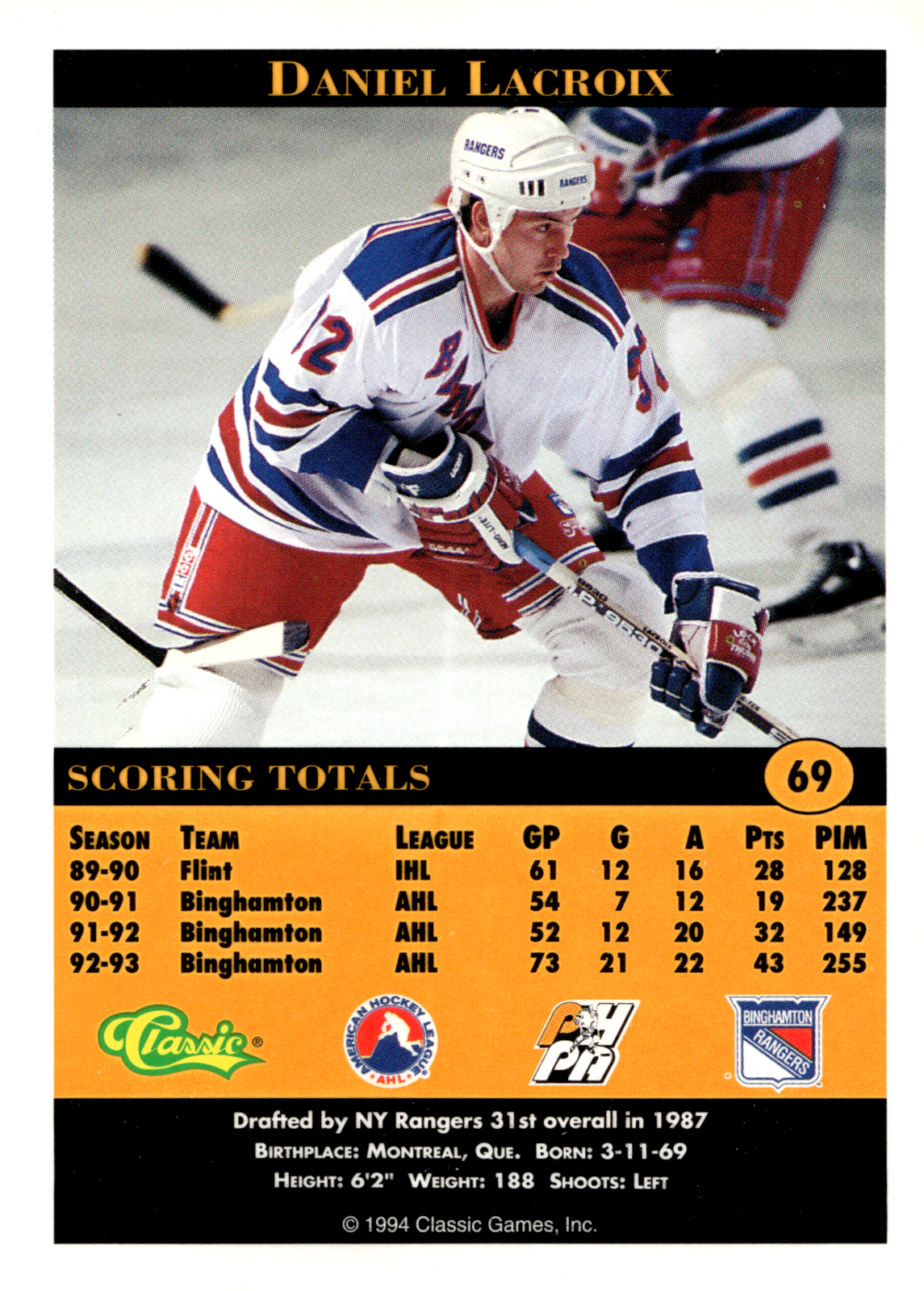 1994 Classic Pro Hockey Prospects - Daniel Lacroix #69 (RC) for sale ...