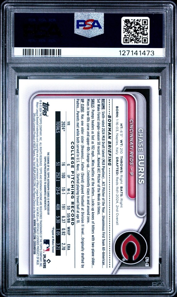 2024 BOWMAN DRAFT CHROME PRSPCT AUTOS #CPACB CHASE BURNS PSA 10 | eBay