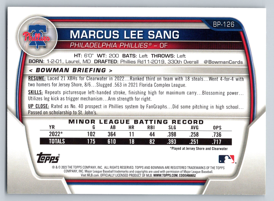 2023 1st Bowman #BP-126 Marcus Lee Sang Philadelphia Phillies Baseball ...
