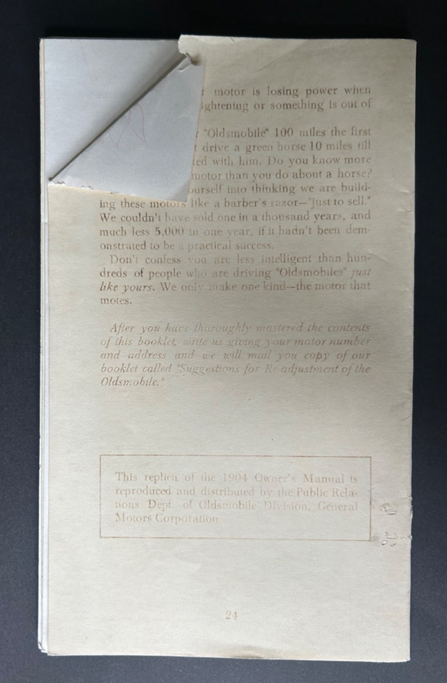 Early 1900s Olds Motor Works Instruction Manual Pamphlet Lansing ...