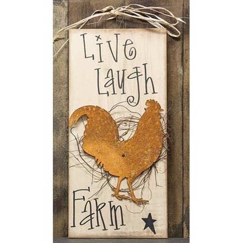 New Primitive Farmhouse Rustic LIVE LAUGH FARM Rusty Rooster Sign ...