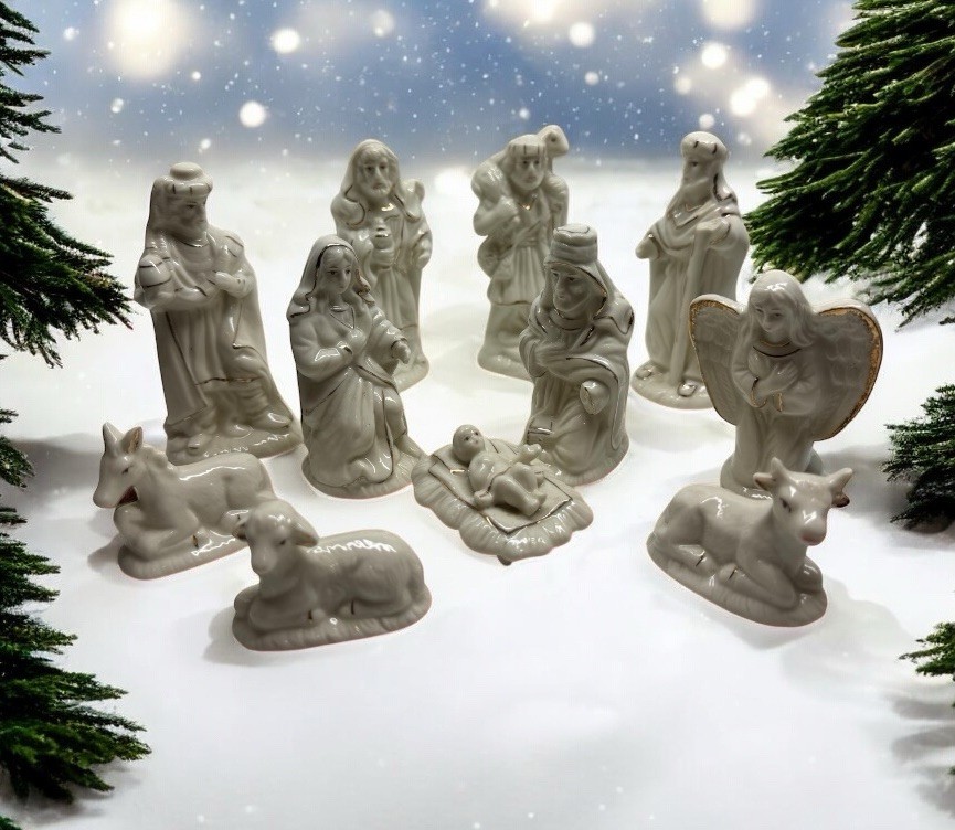 11 Piece Ceramic Nativity Set With Gold Trim Christmas Holiday ...