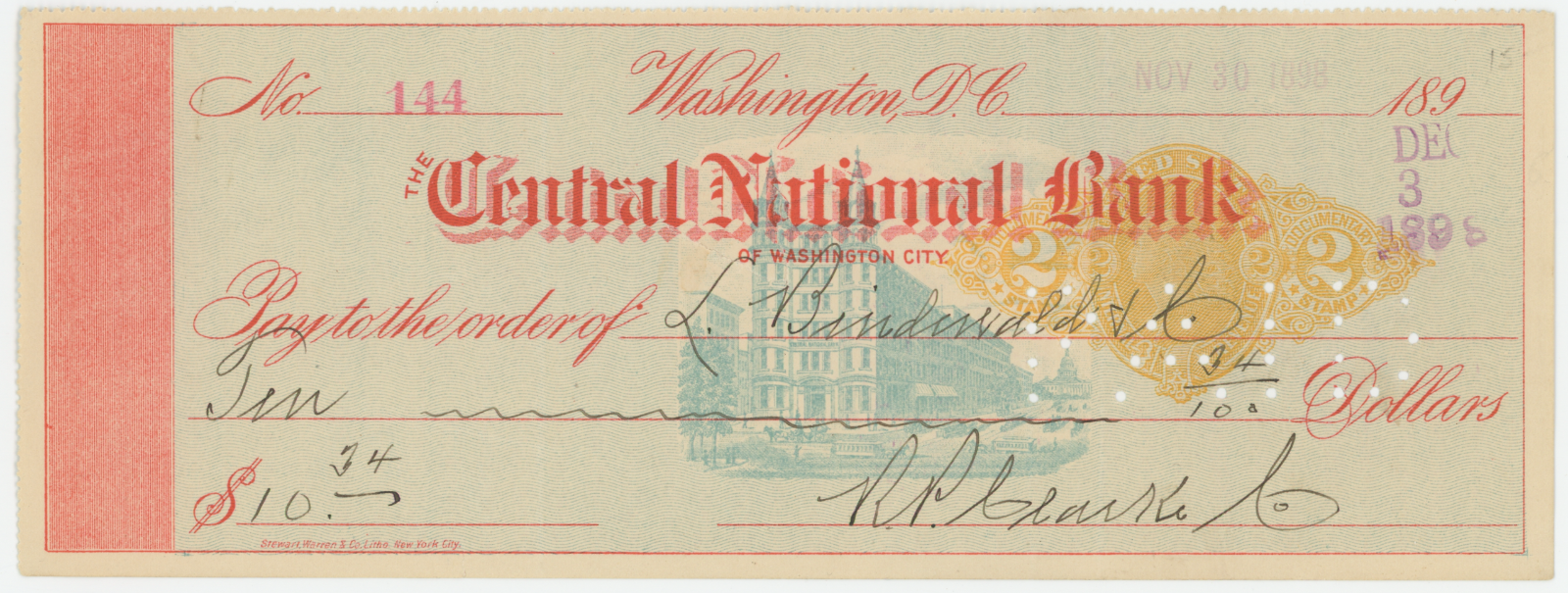 RN-X7 Central National Bank of Washington City check, Washington DC ...