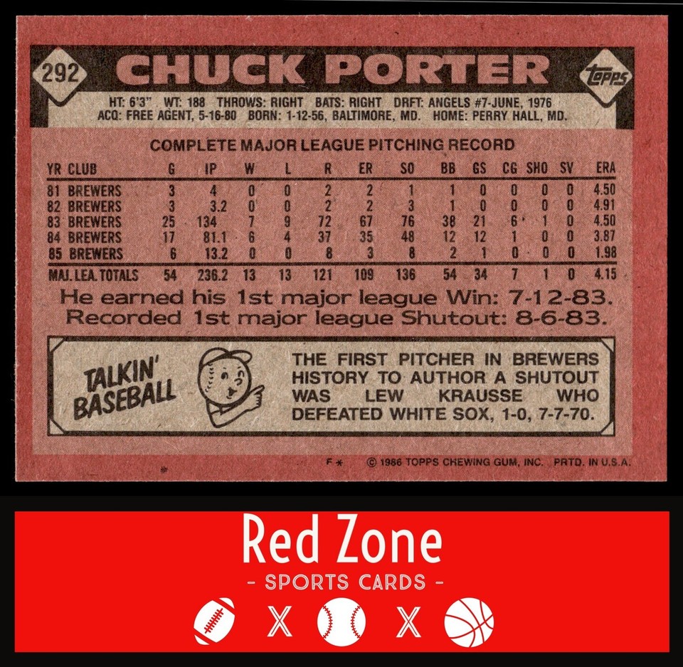 1986 Topps - #292 Chuck Porter EX+ NM Set Break | eBay