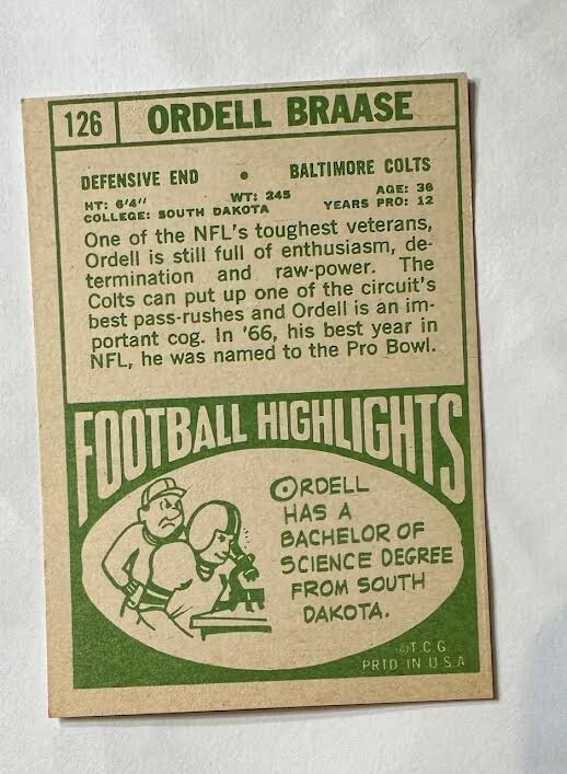 1968 TOPPS ORDELL BRAASE # 126 BALTIMORE COLTS EX-NM Condition | eBay
