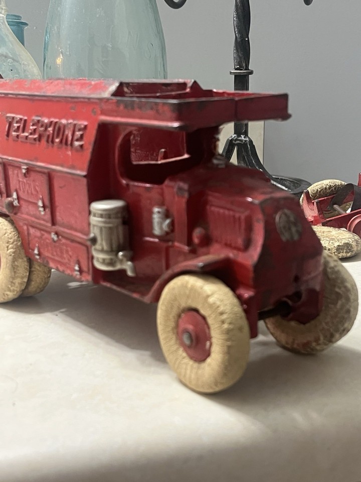 Vtg 1930s Hubley Red Cast Iron Bell Telephone Repair Truck W Boom | eBay