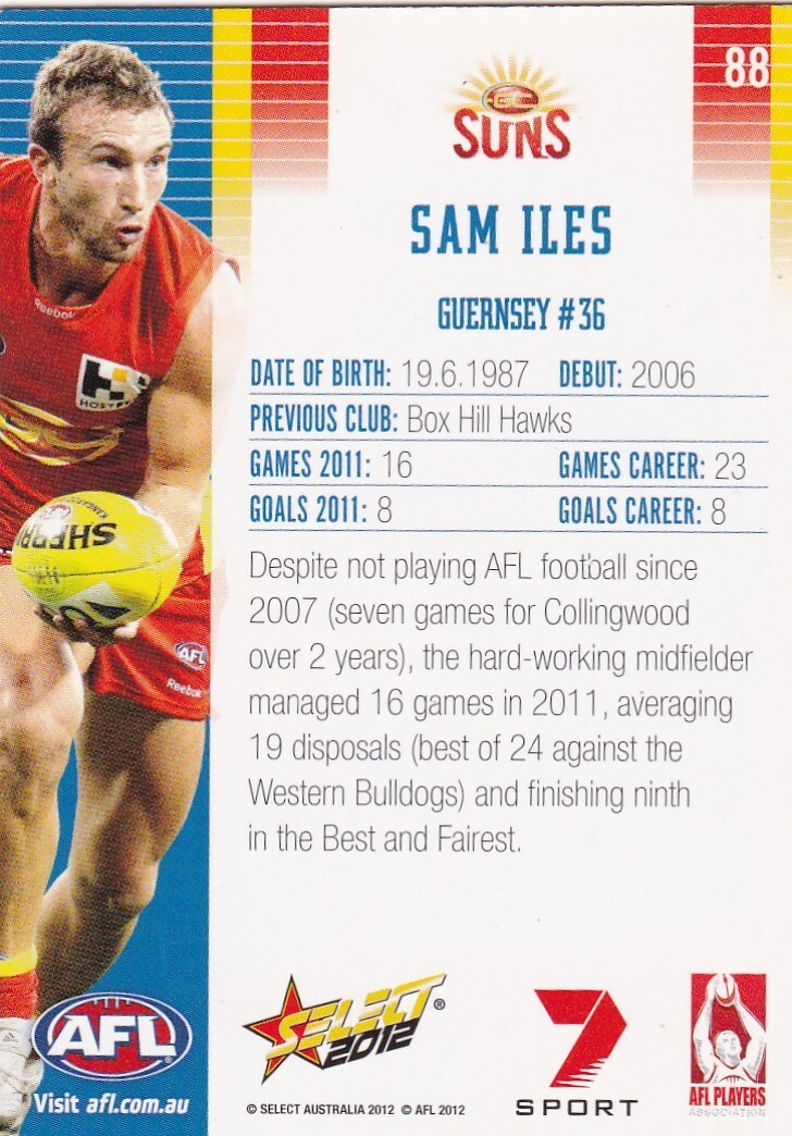 AFL 2012 Select Gold Coast Suns - Sam Iles Card No.88 | eBay Australia