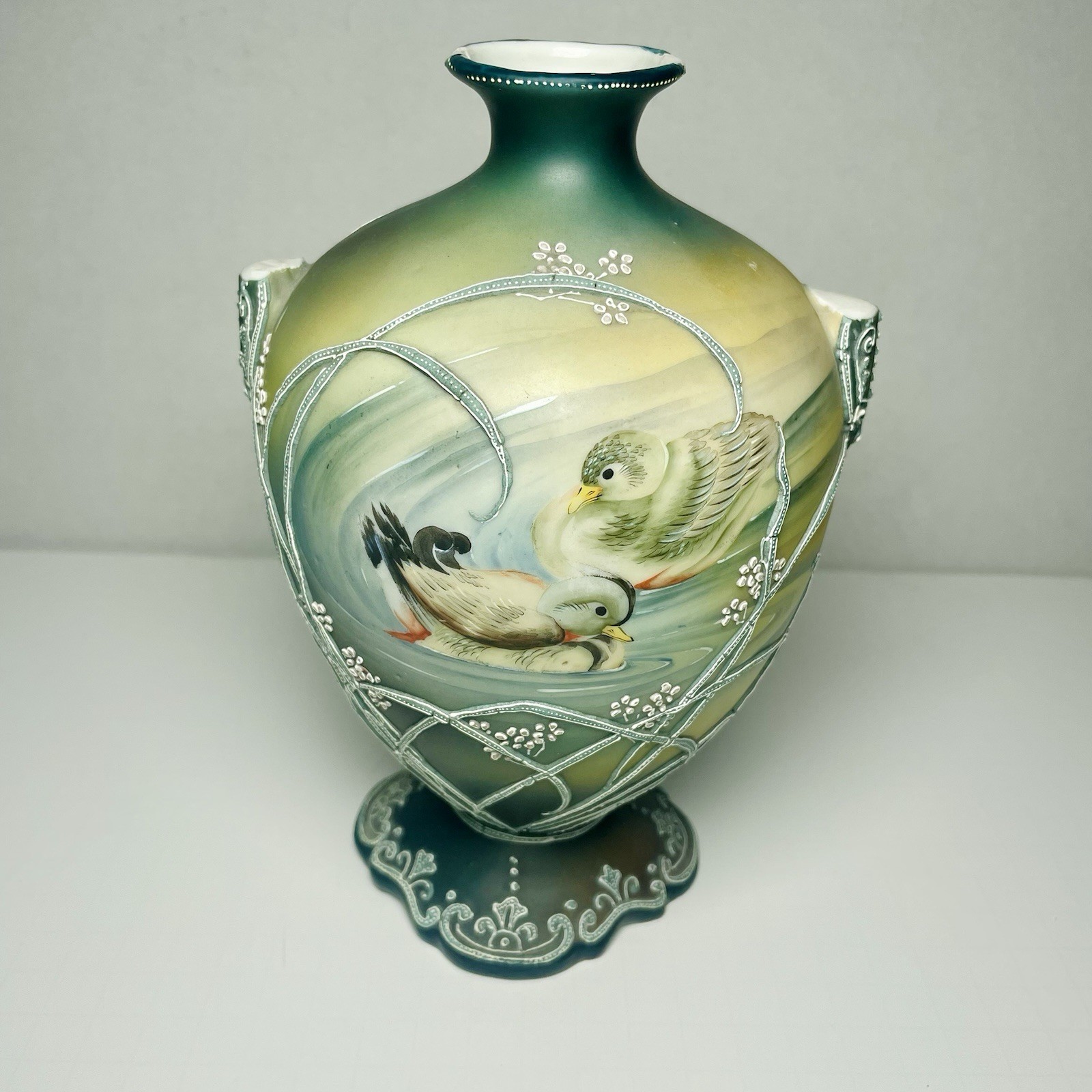 Antique Nippon Hand Painted Moriage Green Footed Vase Ducks In Pond 9 ...