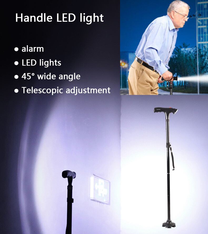 Folding Adjustable Walking Stick Cane with LED Torch & Alarm button ...