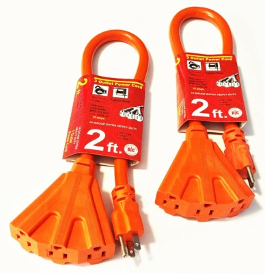 2 Heavy Duty 2FT 12/3 AWG Tri Tap 3 Way Extension Power Cord 12 Gauge 3 ...