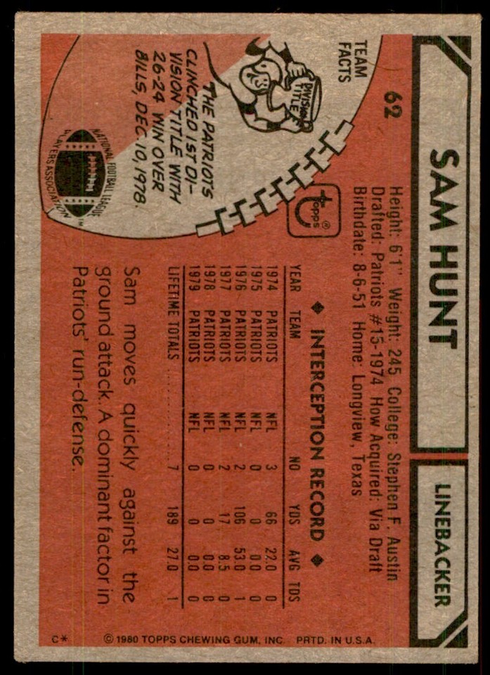 1980 Topps Sam Hunt Football Card New England Patriots #62 | eBay