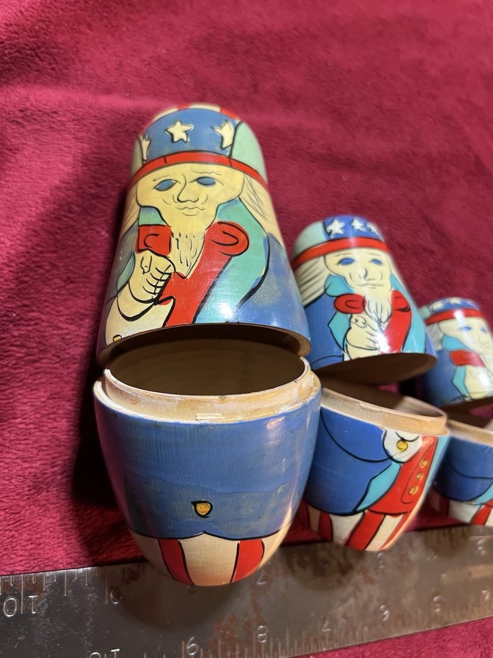 Vintage 5 Piece Russian Wood Nesting Dolls, Uncle Sam Theme, Hand ...
