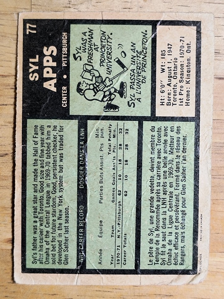 1971-72 O-Pee-Chee #77 Syl Apps RC (POOR) | eBay