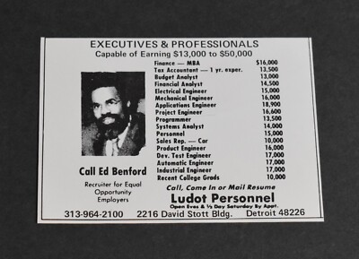 1973 Print Ad Michigan Detroit Ludot Personnel Ed Benford Recruiter ...