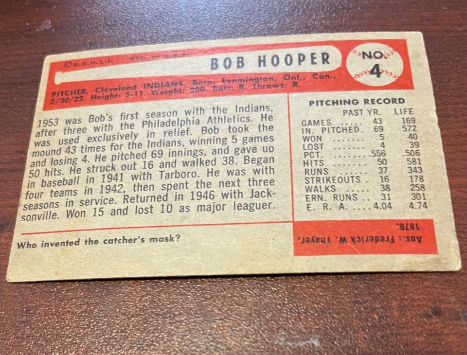 1954 Bowman #4 Bob Hooper Cleveland Indians | eBay