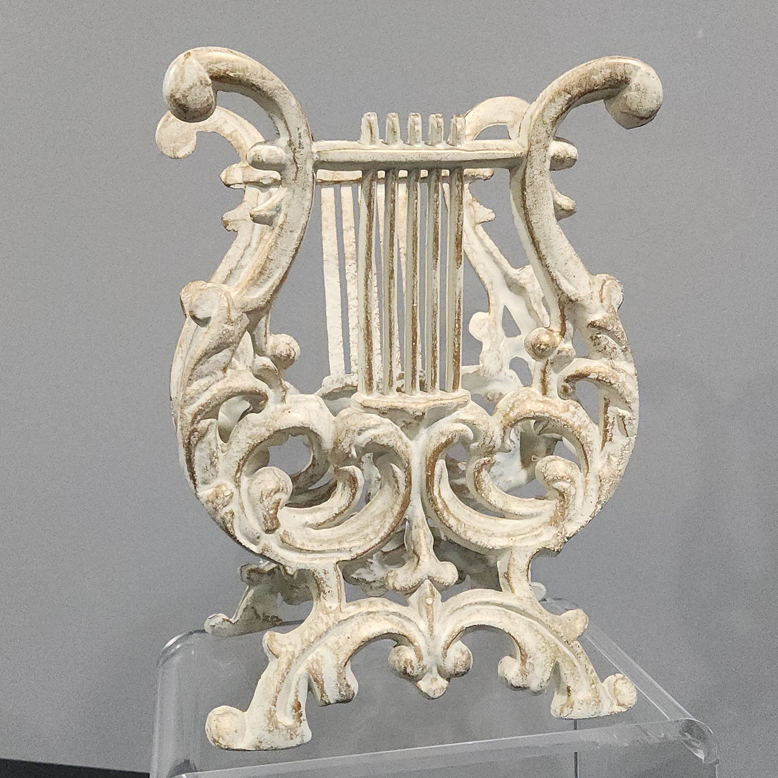 Vtg Harp Magazine Rack Holder Gold White Cast Metal Lyre DECOR 11" H ROCOCO